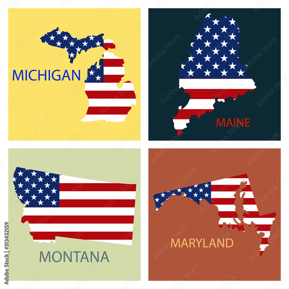 Poster map of United States of America with state names. Flag print map ...