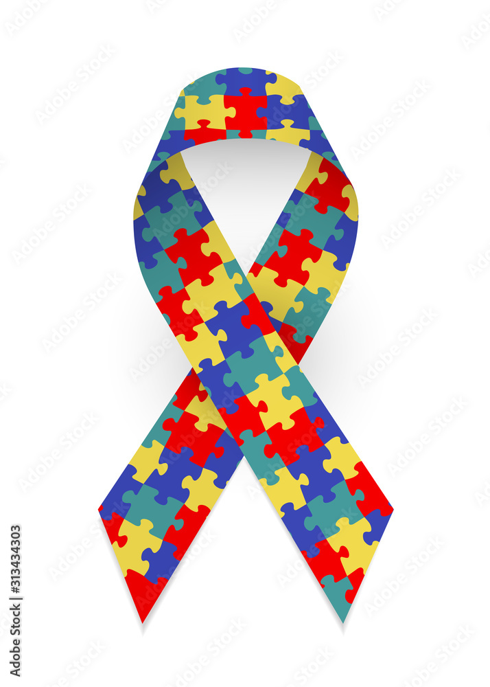 Colorful satin puzzle ribbon as symbol autism awareness. Isolated ...