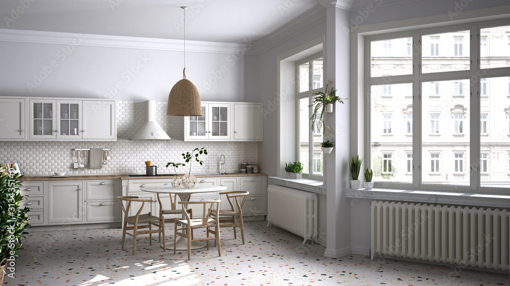 Retro white vintage kitchen with terrazzo marble floor and panoramic ...