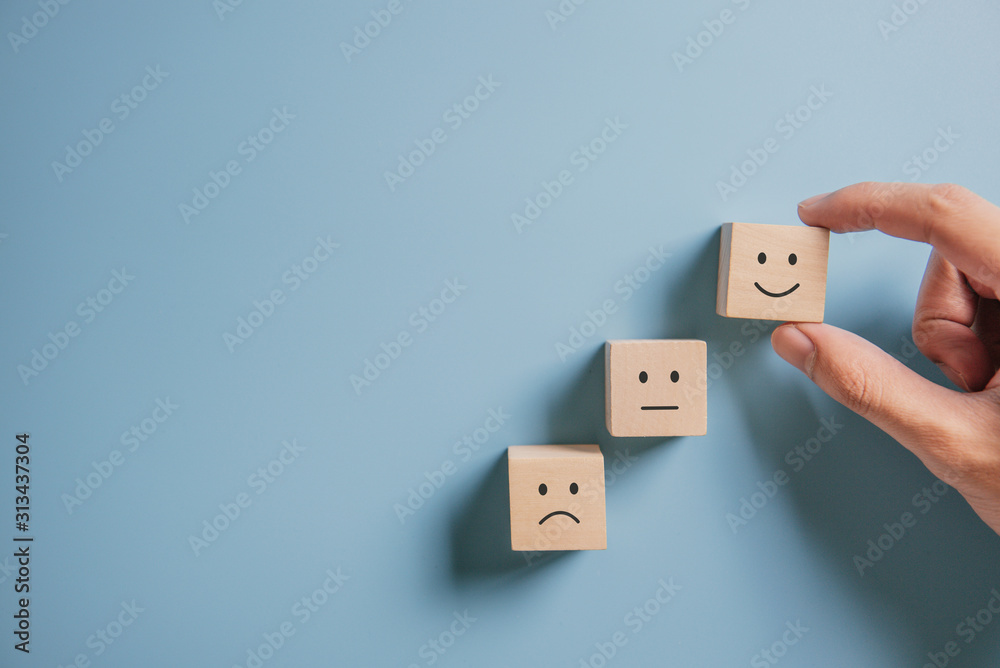 Customer showing rating with happy icon on blue background, Customer ...