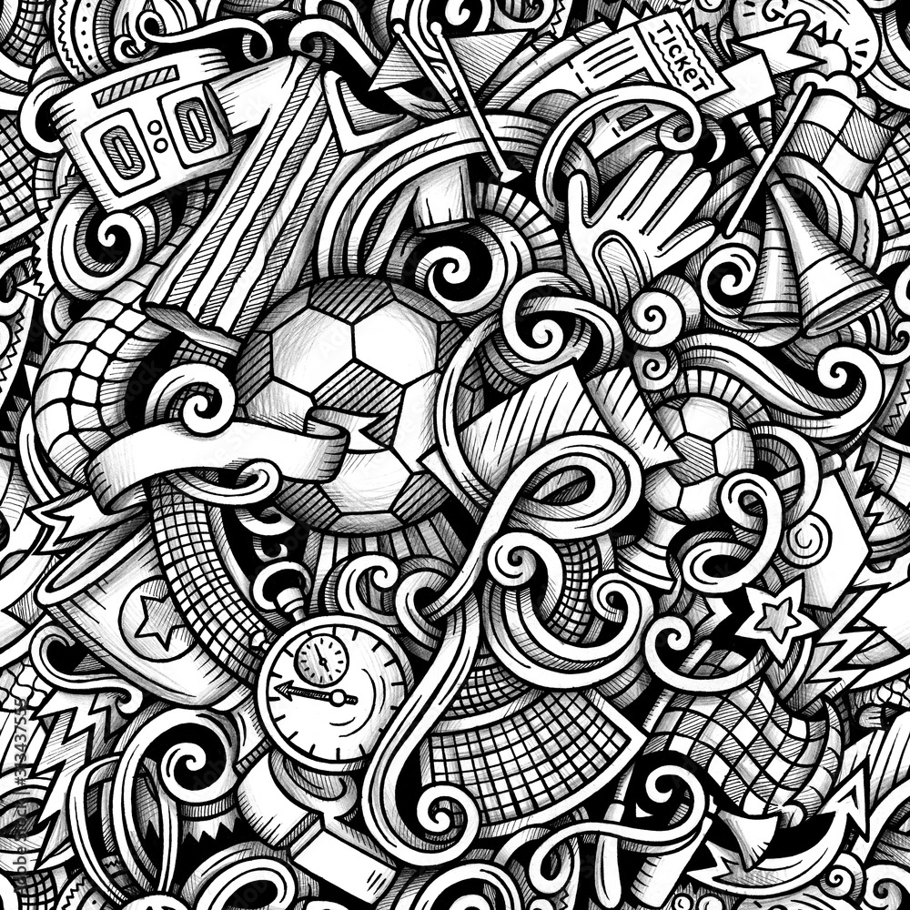 Football hand drawn doodles seamless pattern. Graphics background ...