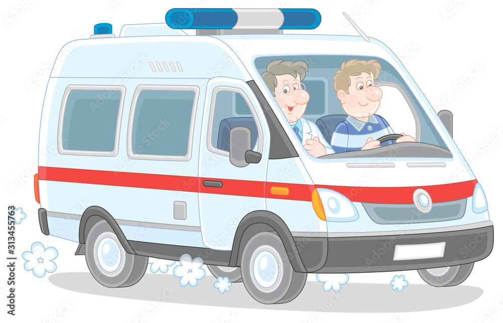 Ambulance car with a doctor and a driver hurrying to rescue, vector ...