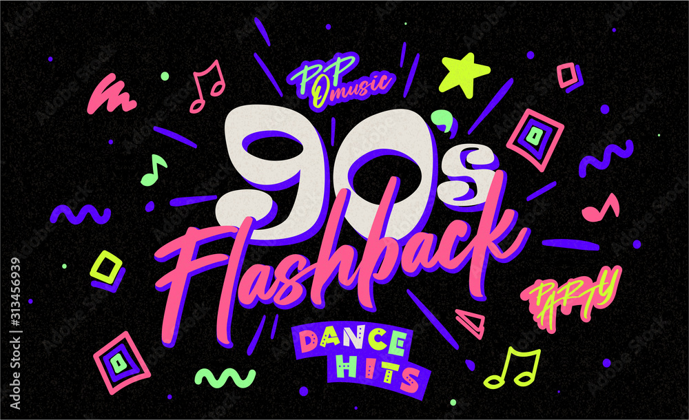 90s poster. Nineties flashback. Retro music style textures and objects mix. Aesthetic fashion ...