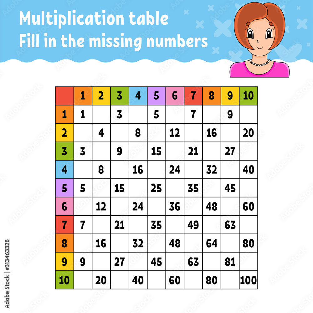 Paste the missing numbers. Learning multiplication table. Handwriting ...