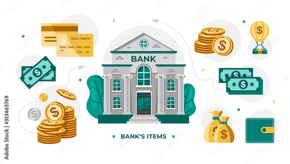 Bank building. Flat style illustration with cash money, gold coins and ...