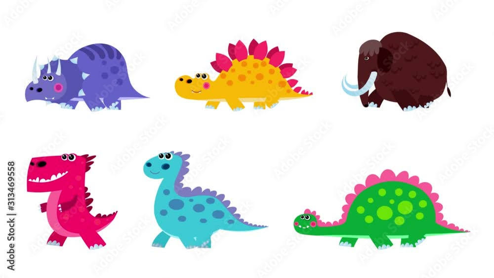 Cartoon five dinosaurs and mammoth flat design walking cycle. Alpha ...