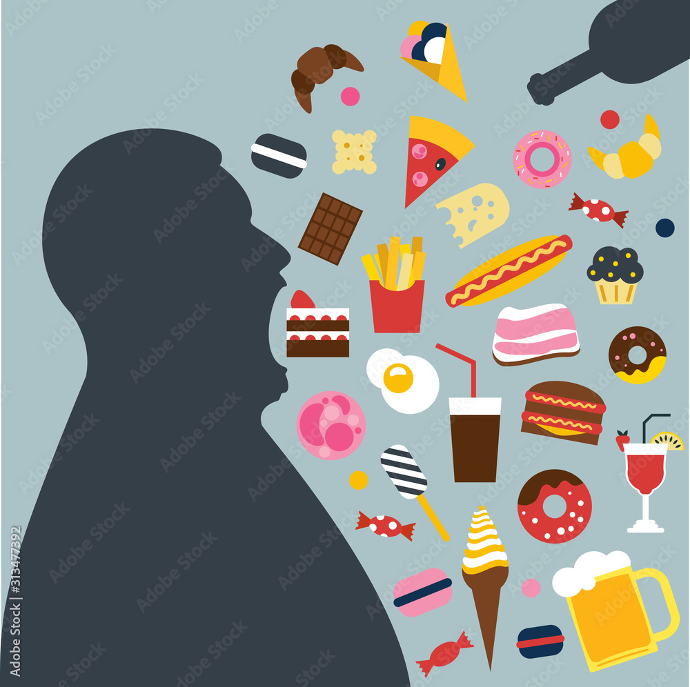 Fat man eating a lot of unhealthy food. Overating, surfeit. Vector ...