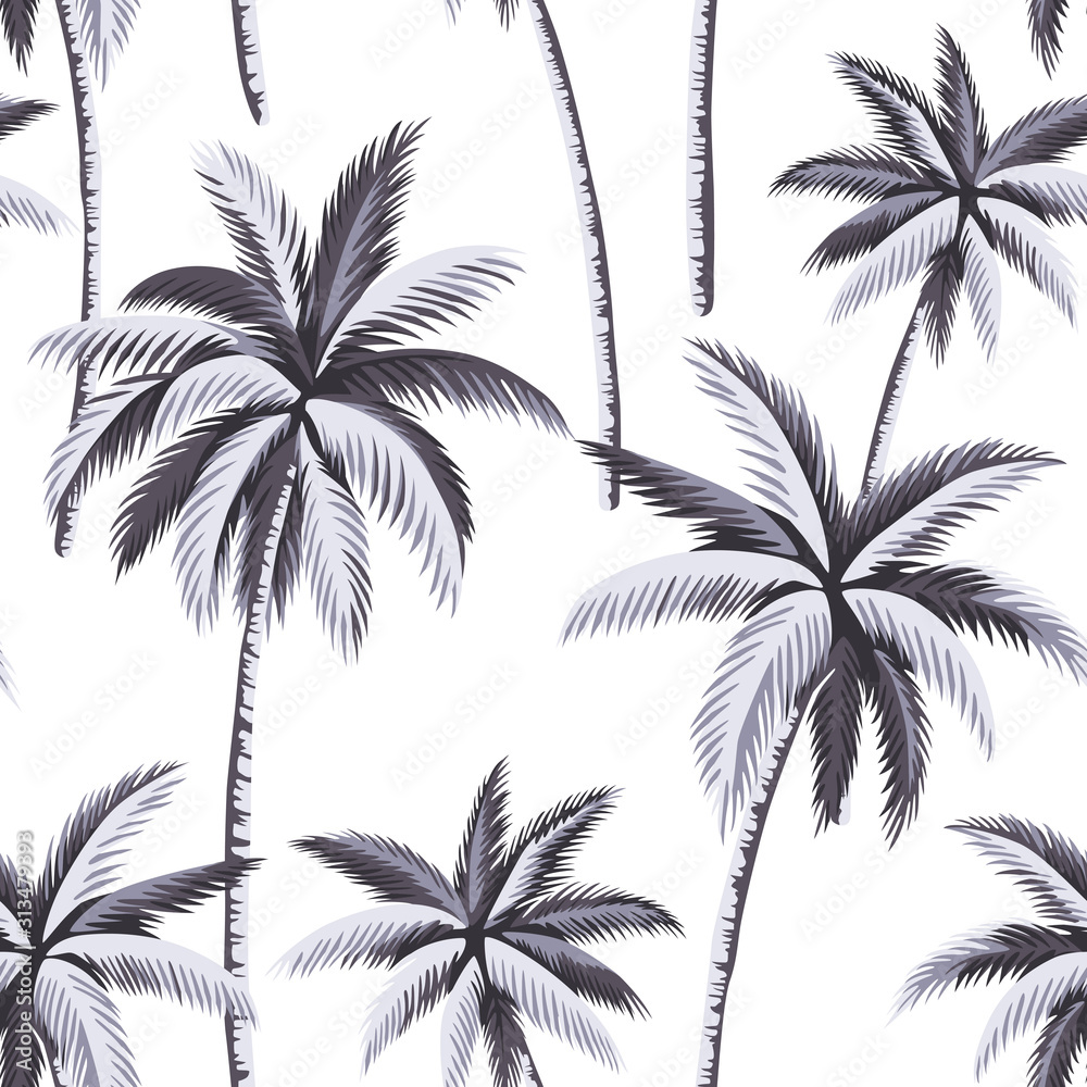 Tropical vintage botanical grey palm tree floral seamless pattern white ...