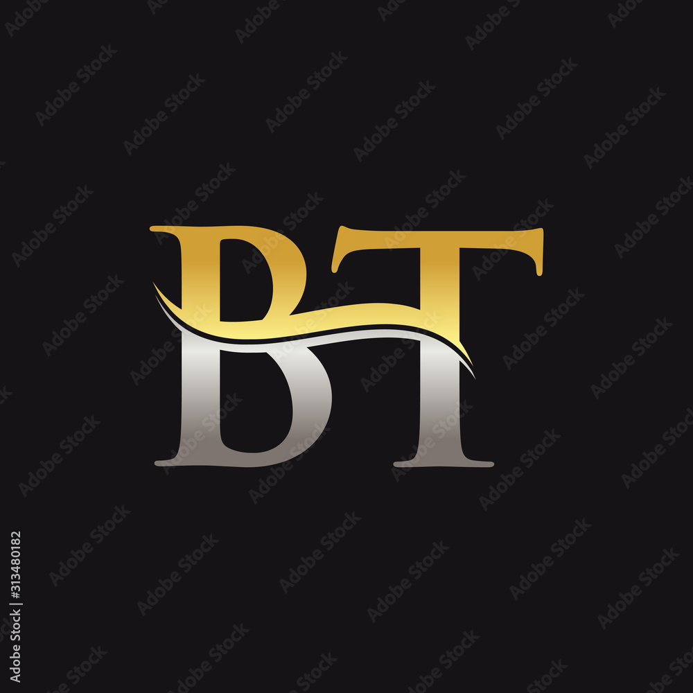 Initial Gold And Silver letter BT Logo Design with black Background. BT ...