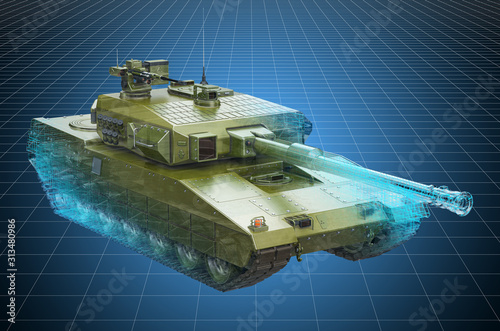 Visualization 3d cad model of battle tank, military engineering concept ...