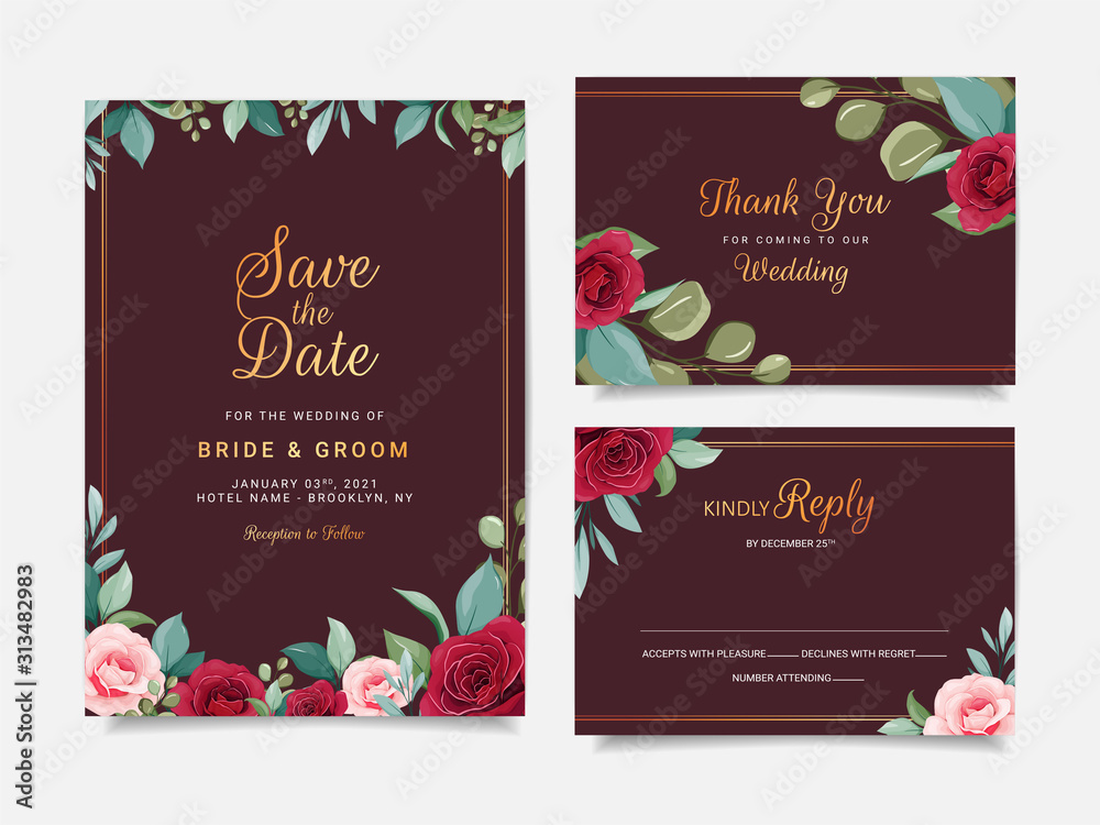 Set of card with flowers. Maroon invitation template set with floral ...
