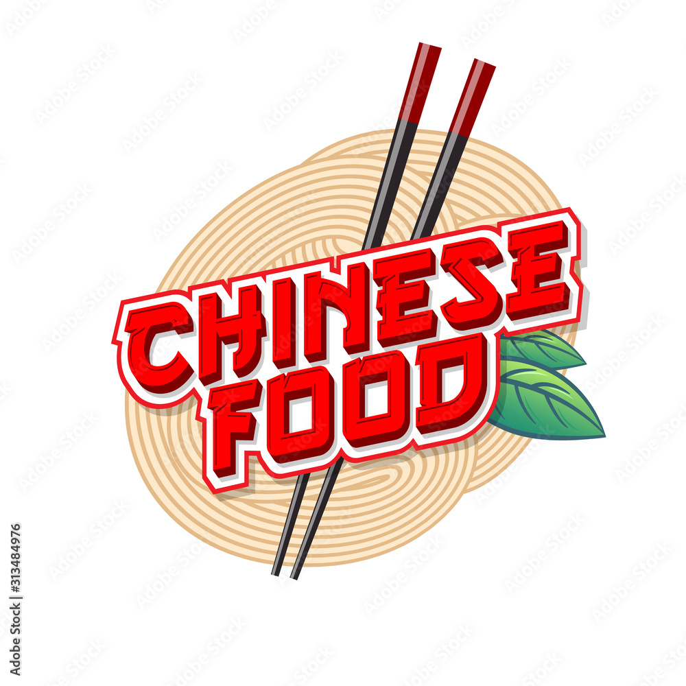 Chinese Food logo. Red lettering with leaves and chopsticks on noodle ...