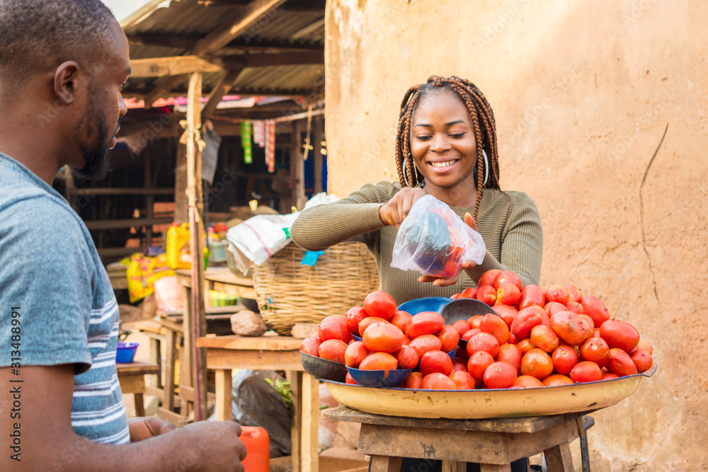 african woman selling tomatoes in a local african market to a customer ...