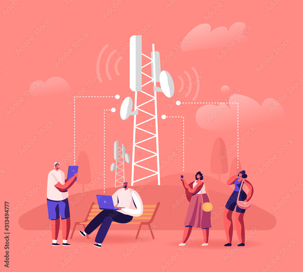 5g Network Wireless Technology Concept. People at Transmission Tower Using High-speed Mobile ...