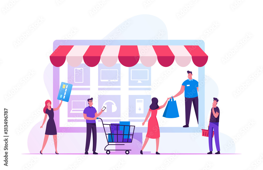 Online Shopping Concept. Customers with Credit Cards and Trolleys ...