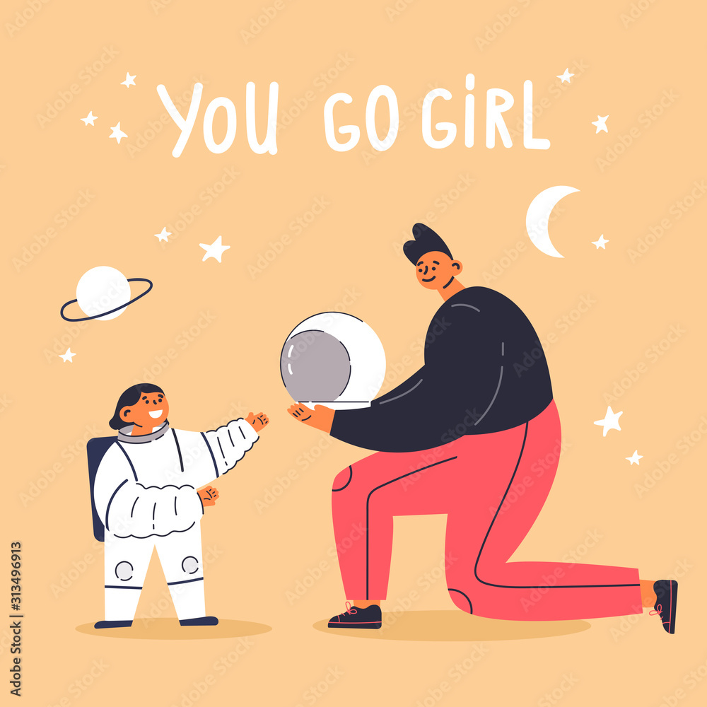 Vetor de Feminism concept.Motivation.little girl dreams of being a ...