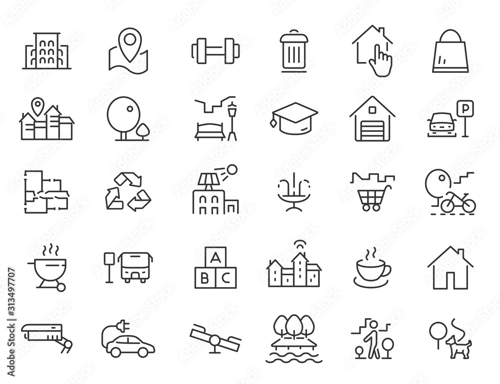 Set of linear residential complex icons. Infrastructure icons in simple ...