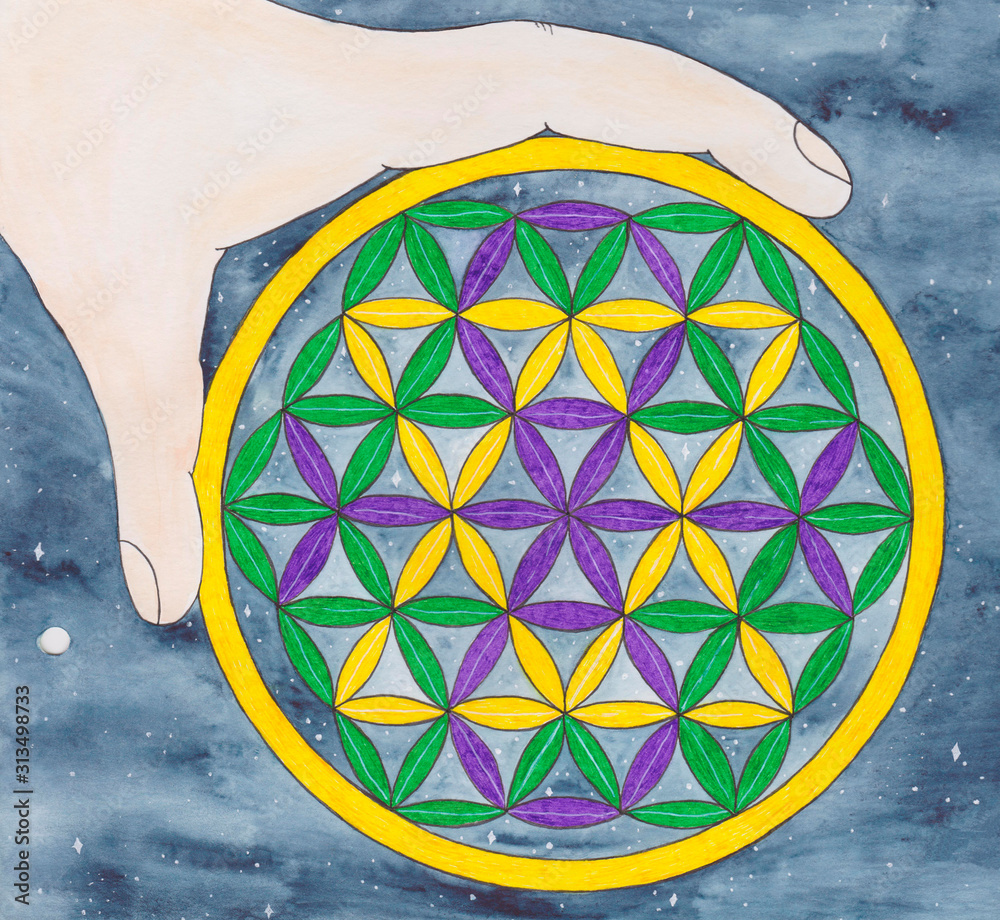 Mandala Flower of life with hand. Watercolor illustration. Spiritual ...