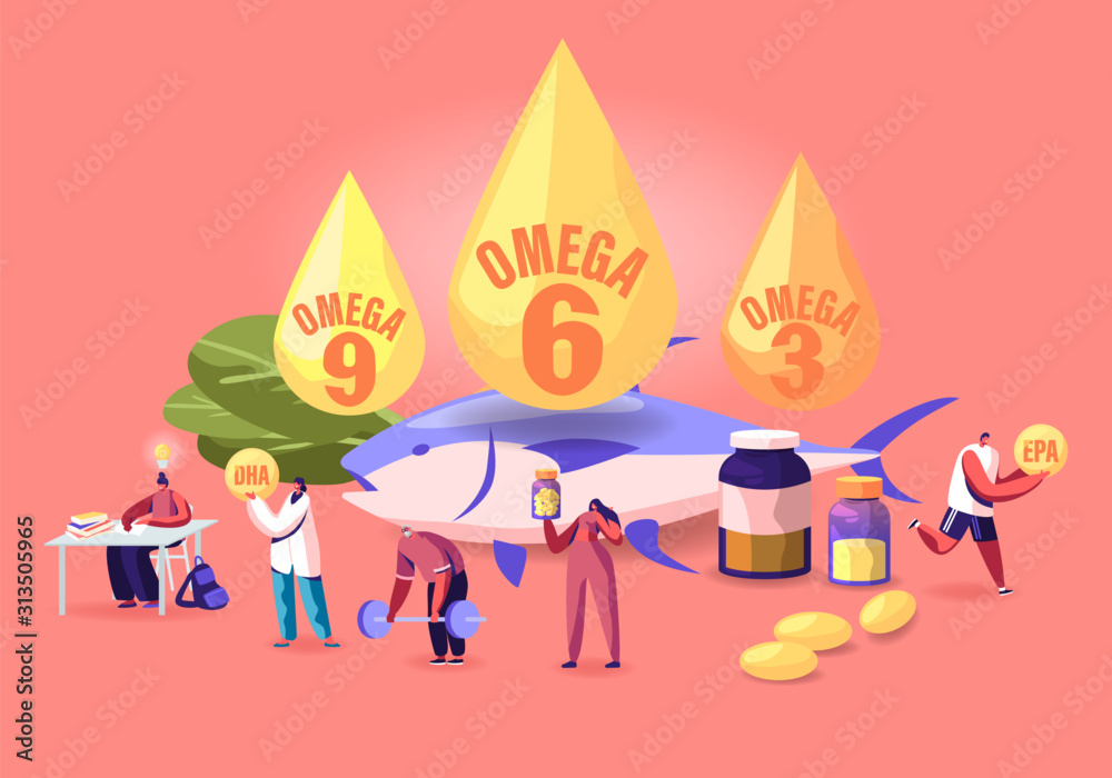 Omega Fat Concept. People Take Products and Vitamins with ...