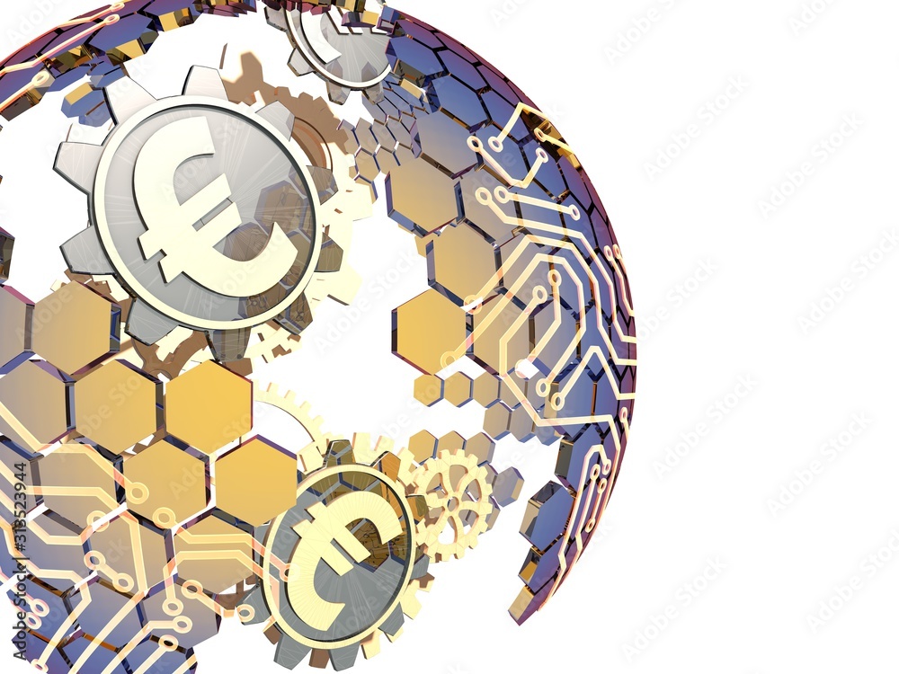 Hexagon consisting of tech globe with gear currency symbols, teamwork ...