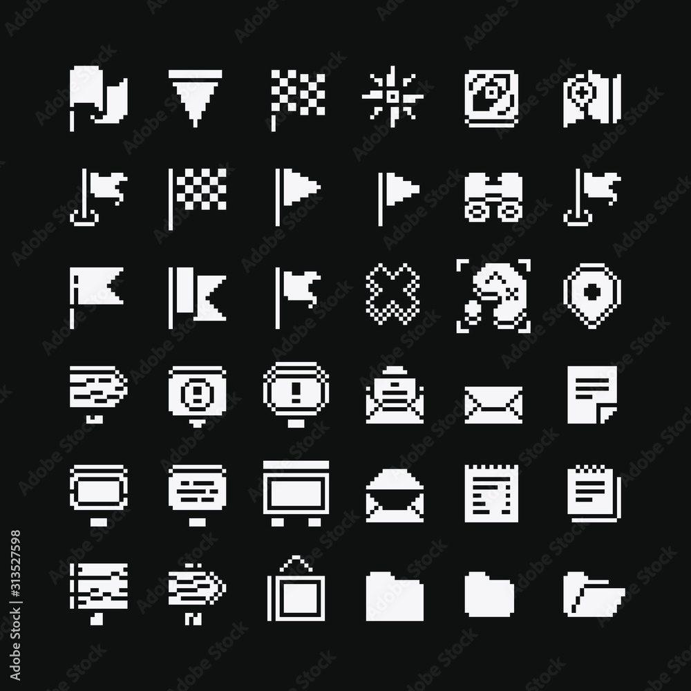 1 bit pixel art icons set, pointers, navigation, map, binoculars, label ...