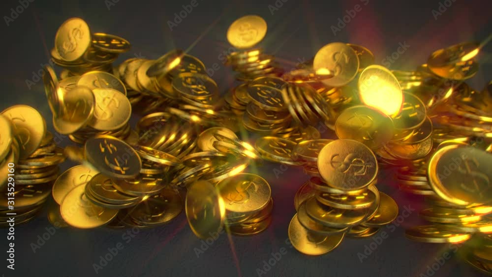 Falling stacks of glitter shiny golden coins in slow motion Stock Video ...