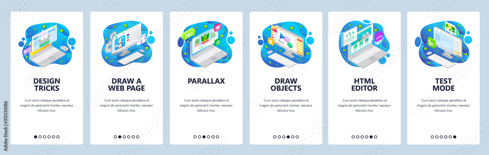 Web development, icometric computer icons, html code. Mobile app ...