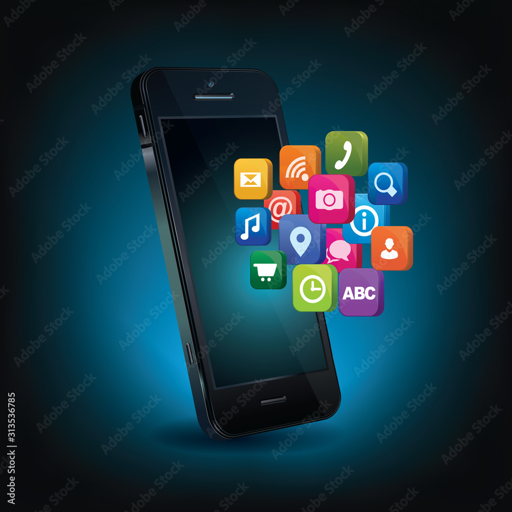 Dark blue color background on the black smartphone on screen app icon ...