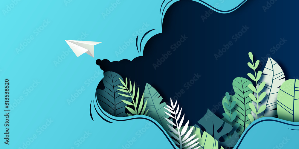 Paper airplane flying on dark blue background with Green leaf landing ...