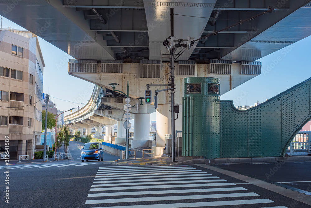 Japan. Tokyo. Roads Of Japan. Two-level highways in Tokyo. Machine on ...