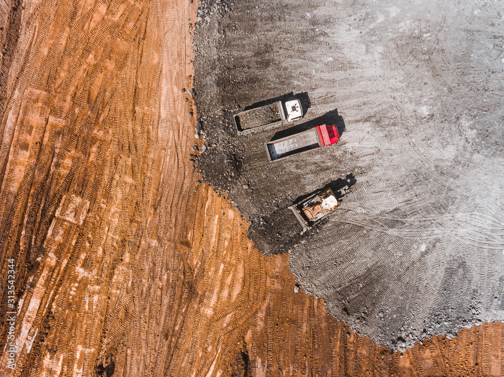 Bulldozer on the construction site top view. On the construction site ...