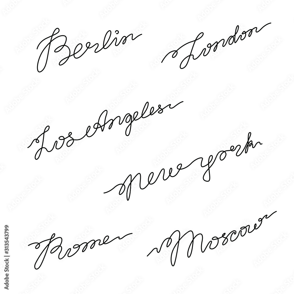 Set of city names, tourism and travel, continuous line drawing, hand ...