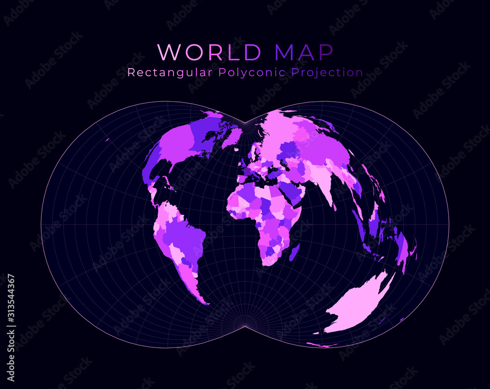 World Map. Rectangular (War Office) polyconic projection. Digital world ...