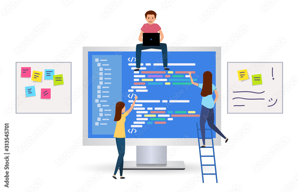 Team writes code programming for a game, app or website. Concept for ...