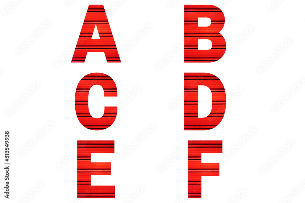 Red font Alphabet a, b, c, d, e, f made of red painted shutter or ...