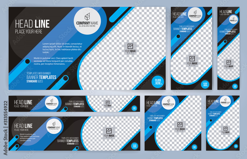 Blue and Black Web banners templates, standard sizes with space for ...