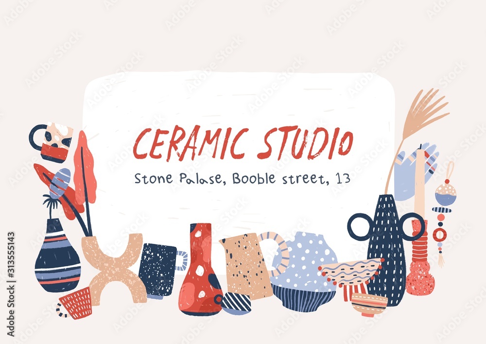 Ceramic studio products hand drawn vector banner template. Porcelain ...