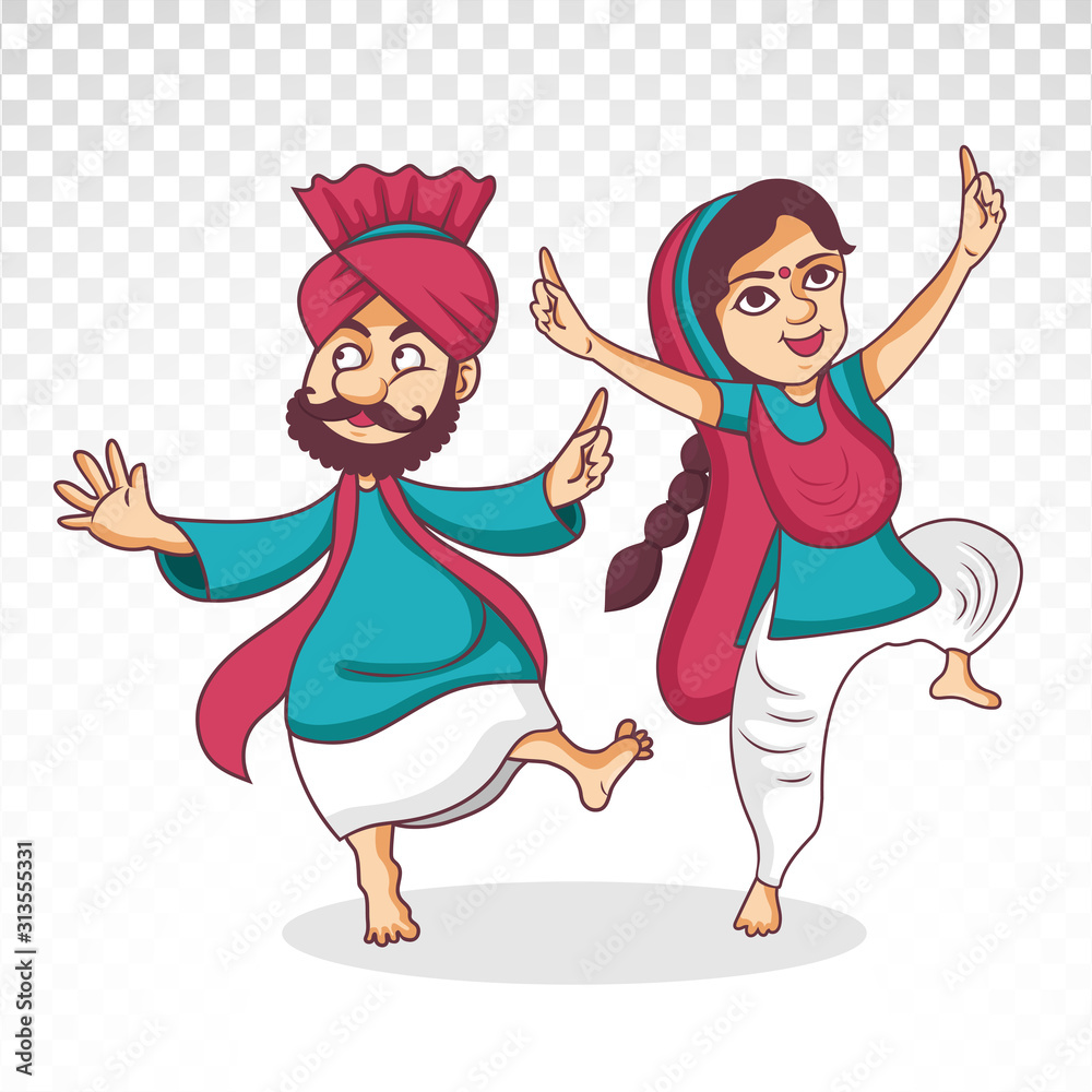 vector illustration of Punjabi couple cartoon character dancing bhangra ...
