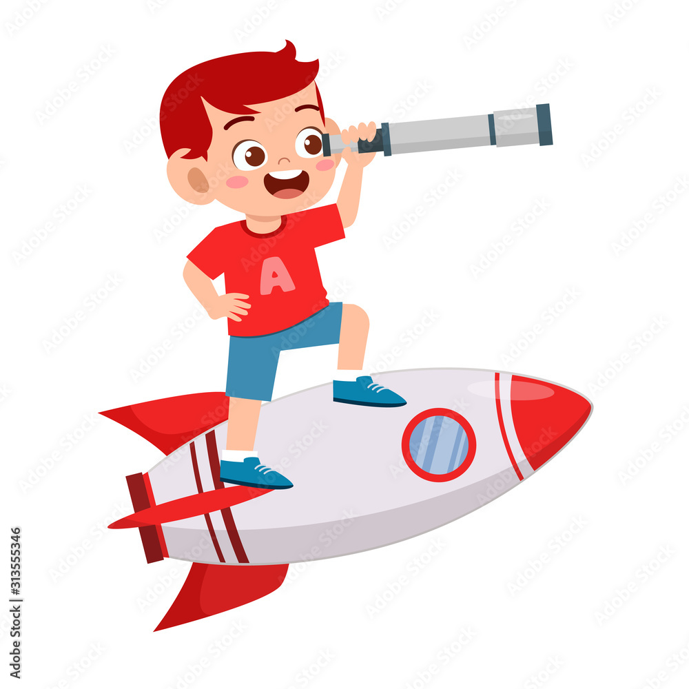 happy cute kid boy ride rocket with telescope Stock Vector | Adobe Stock