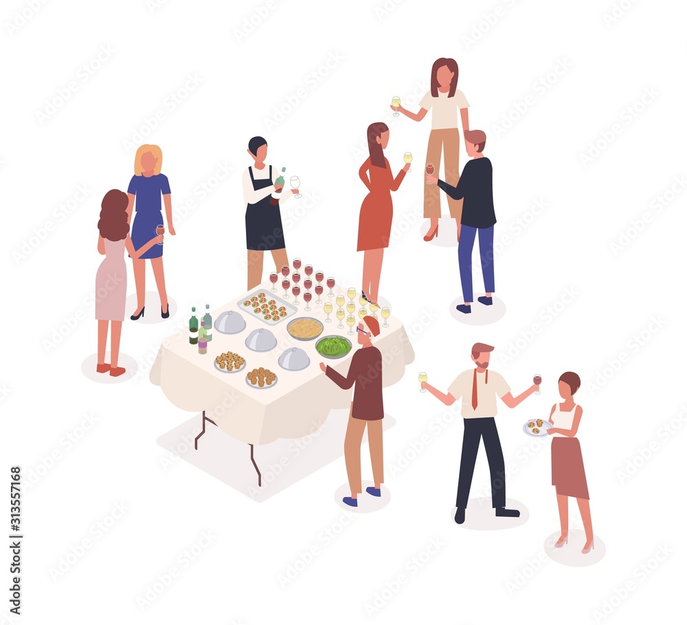 Social event, stand-up meal isometric vector illustration. Corporate ...