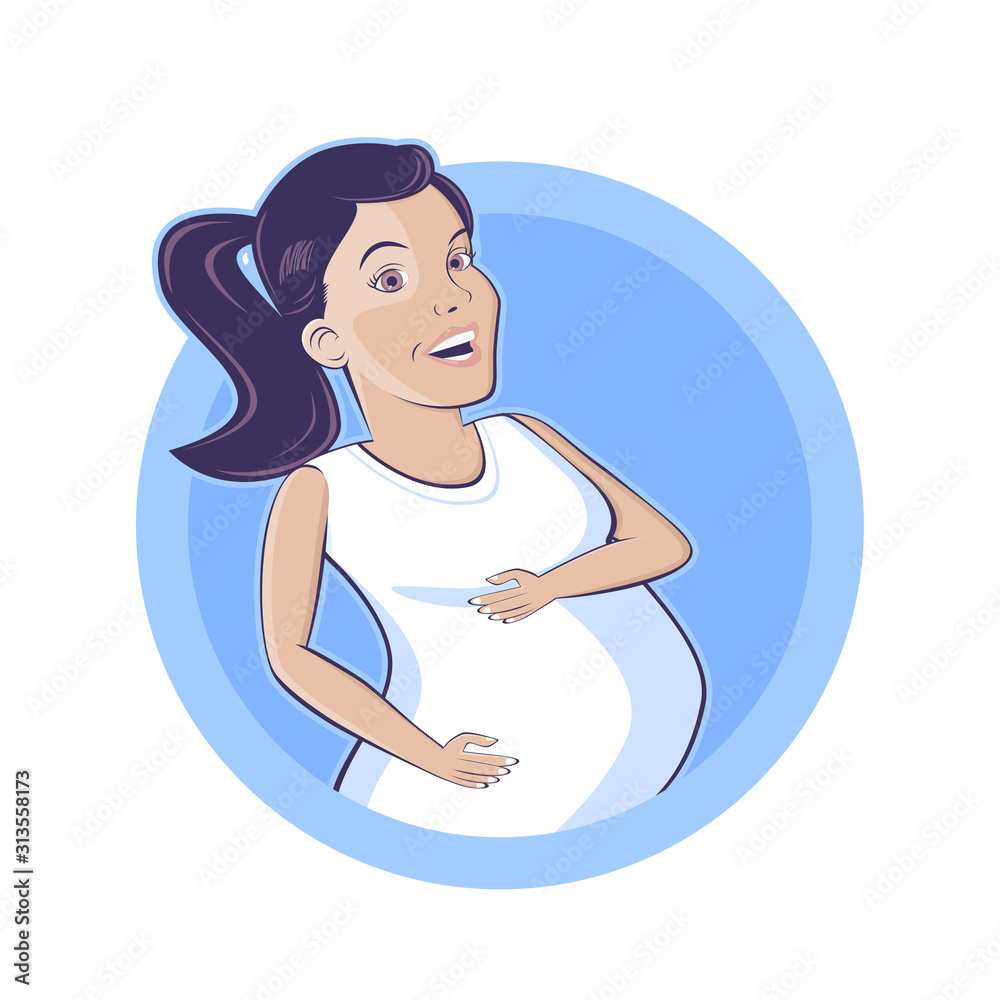 funny cartoon illustration of a pregnant woman in a badge Stock Vector ...