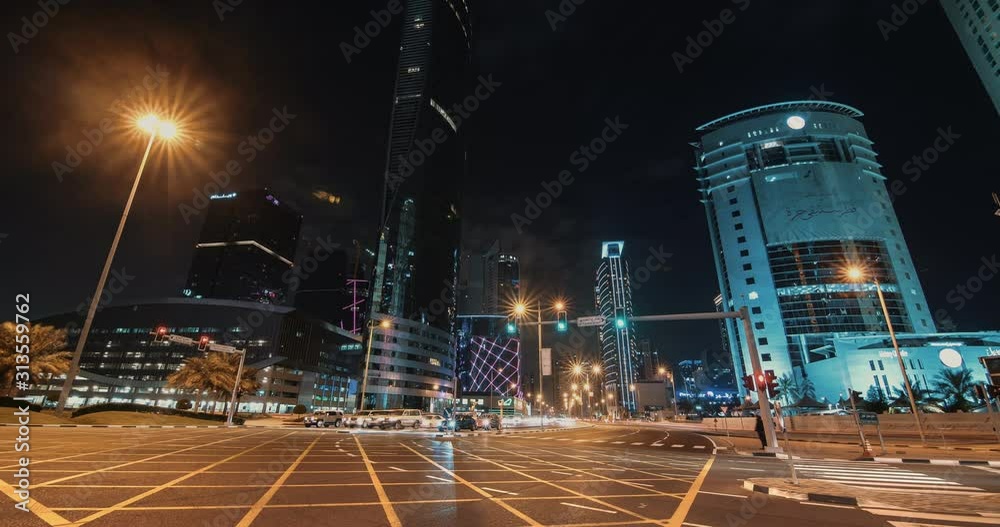 The skyline of Doha. Doha at night Time-lapse, Qatar. Wide shot, Modern ...