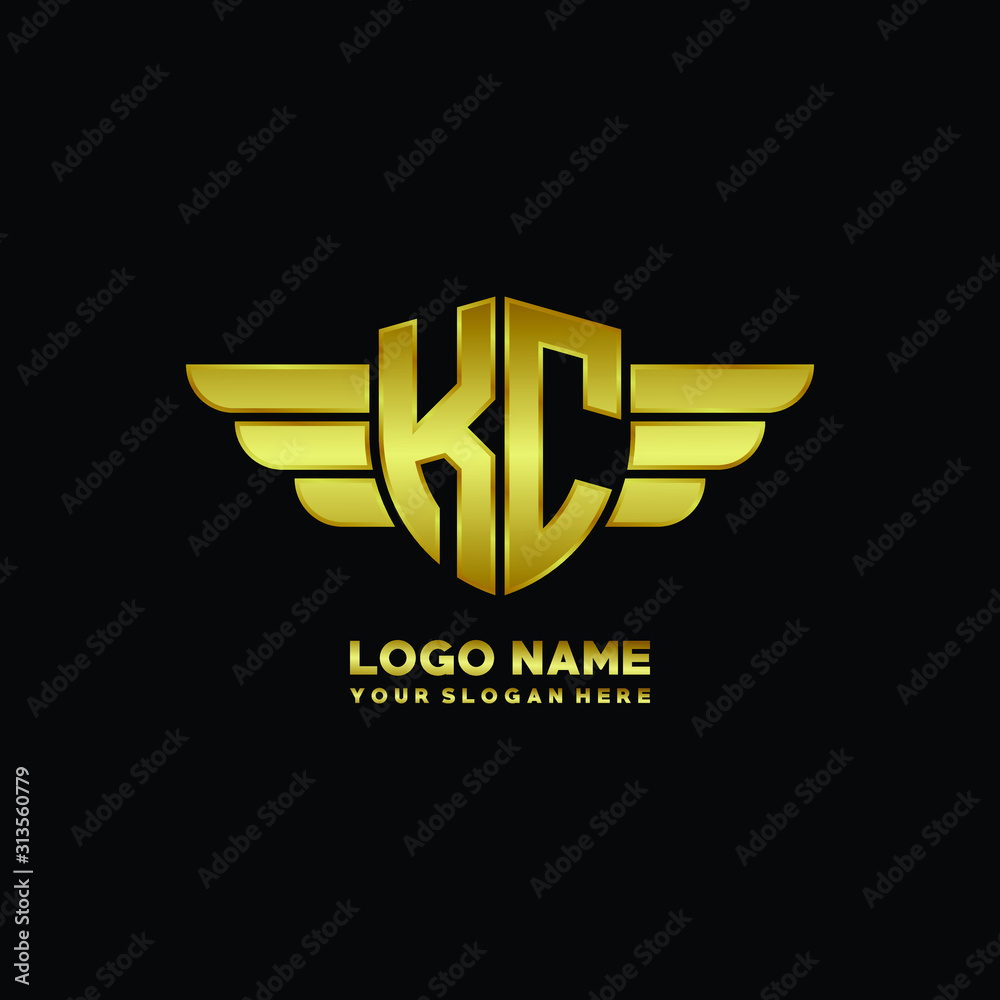 initial letter KC shield logo with wing vector illustration, gold color ...