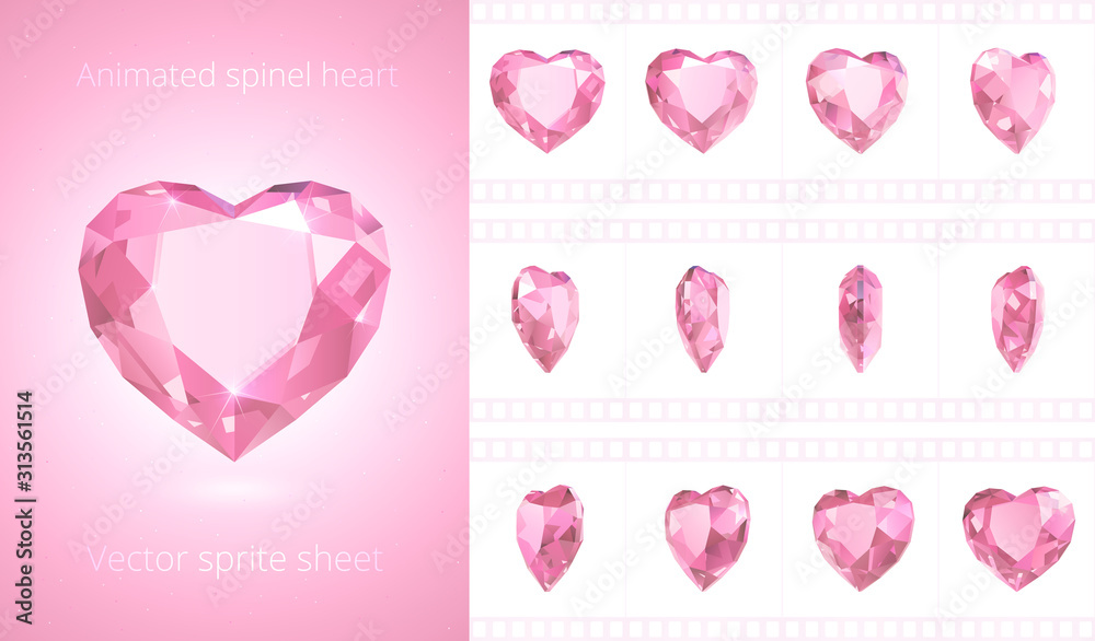 Vector frames of rotating spinel heart. Cute pink crystal Valentine ...