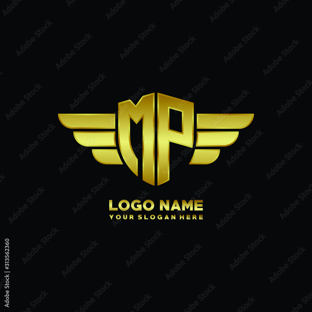 initial letter MP shield logo with wing vector illustration, gold color ...