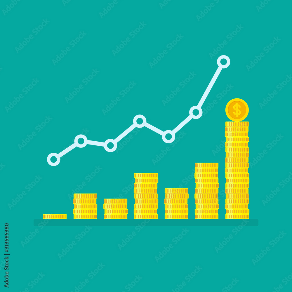 Nonlinear growth graph with stacks of dollar coins and trend chart ...