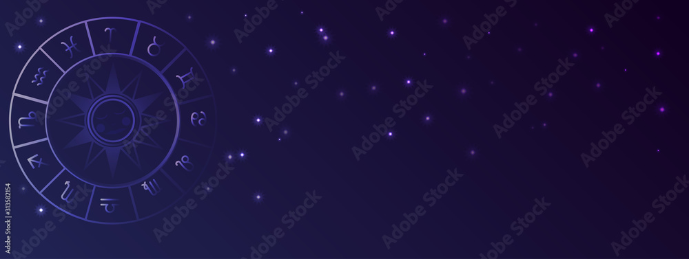 Blue, dark starry sky background, astrological circle with zodiac signs ...