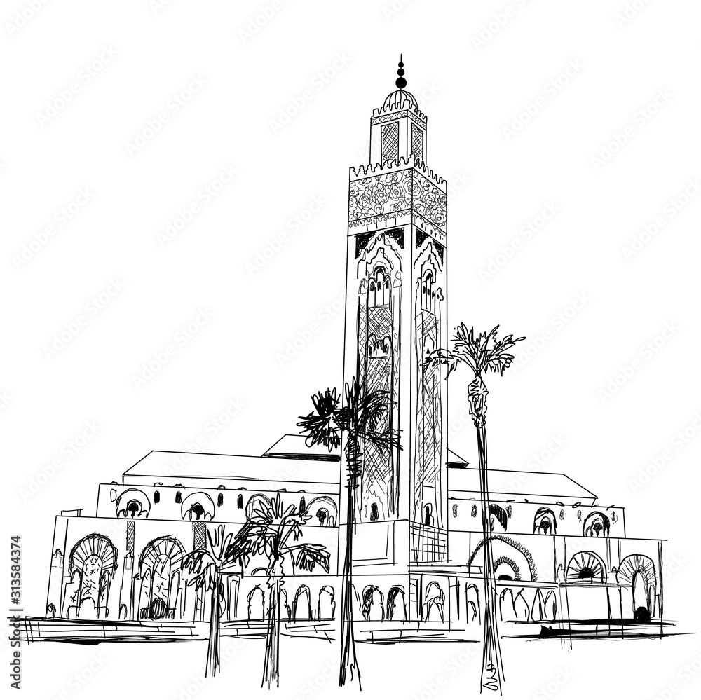 Hand drawn sketch illustration architecture landmark of Koutoubia ...