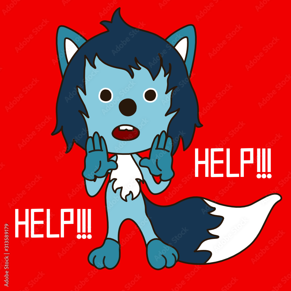 emoticon with a cool scared wolf with blue wool that stands with both ...