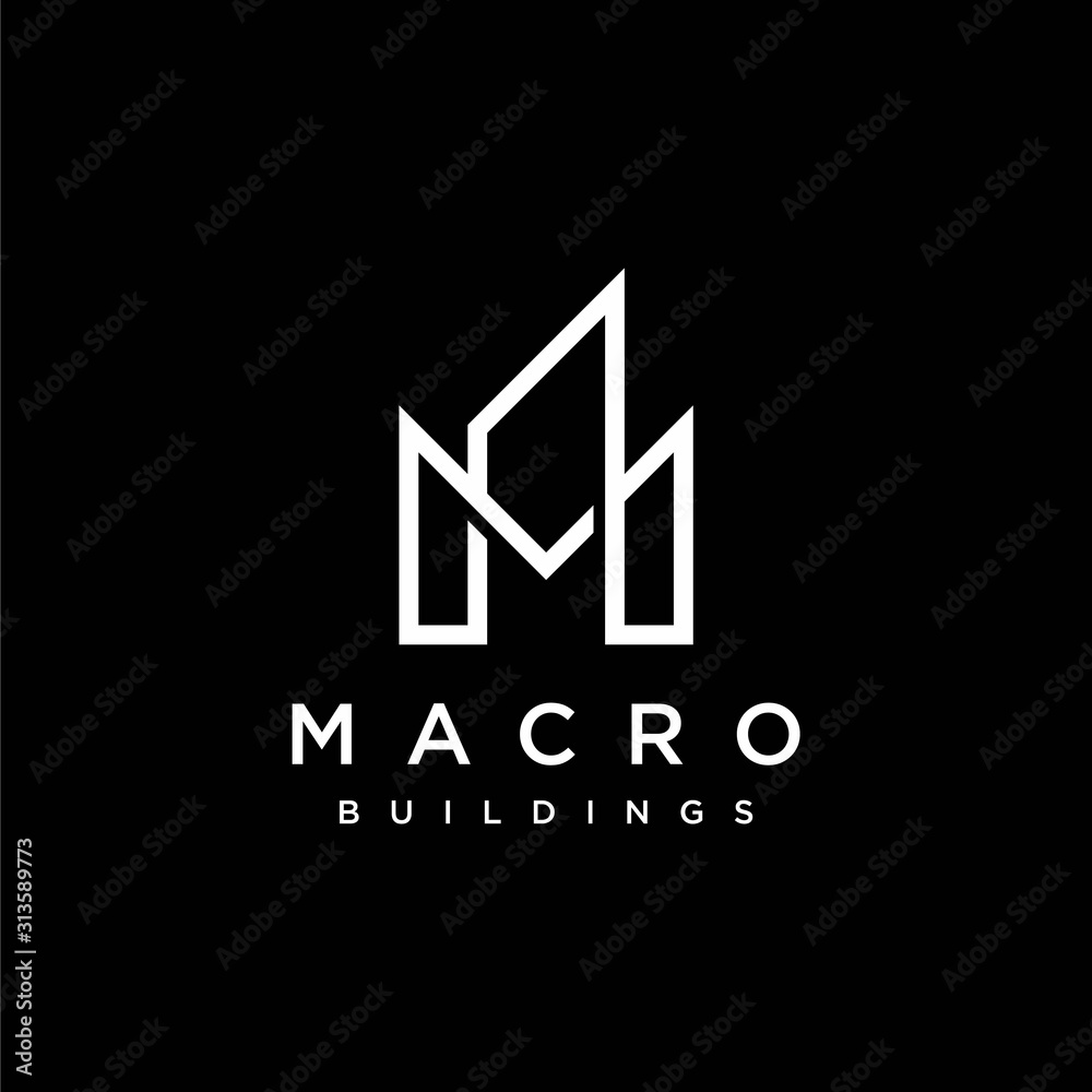Clean logo design of letter M and building with black background ...